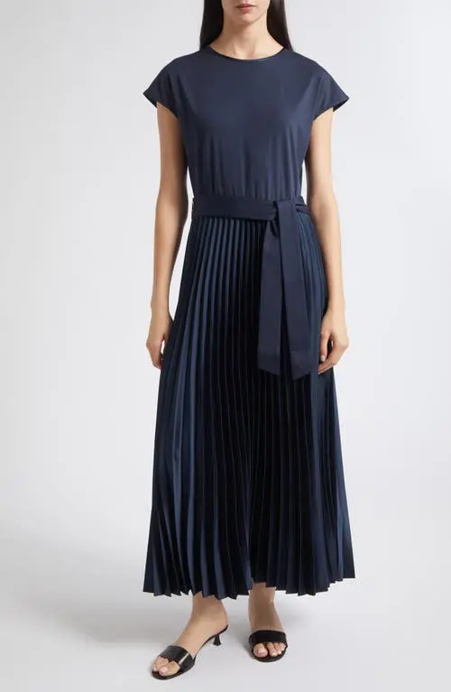 Max Mara Tie Waist Pleated Maxi Dress - Navy