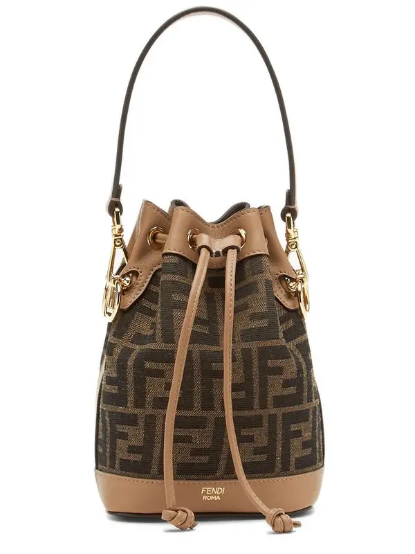 Fendi Ff Jacquard Mini Bucket Bag With Removable Straps - Marrone