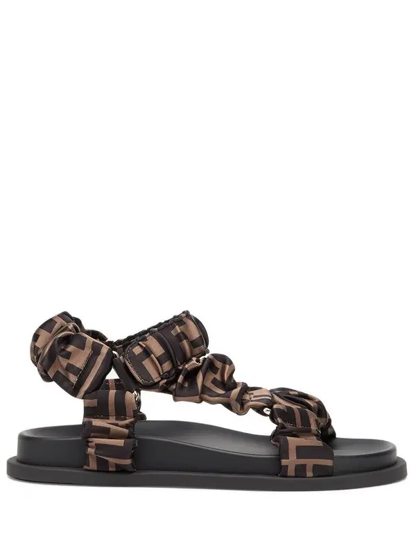 Fendi Ff Motif Satin Sandals With Rubber Sole - Marrone