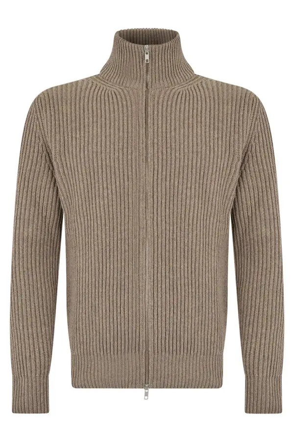 MAISON MARGIELA Ribbed High Collar Zip-front Cardigan - Beige