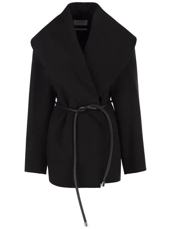 Sportmax Hand-sewn Double Virgin Wool Jacket With Scarf Collar And Belt - Nero