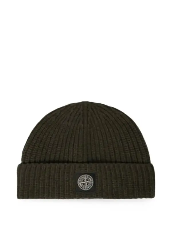 Stone Island Ribbed Wool Beanie With Logo Patch - Verde