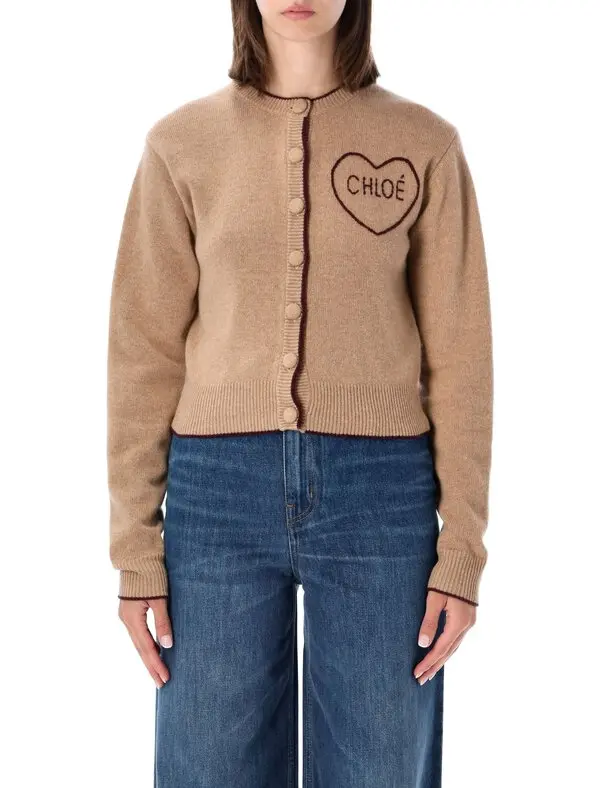 Chloé Soft Wool-cashmere Crew Neck Cardigan With Heart Appliqu - Bleached Brown