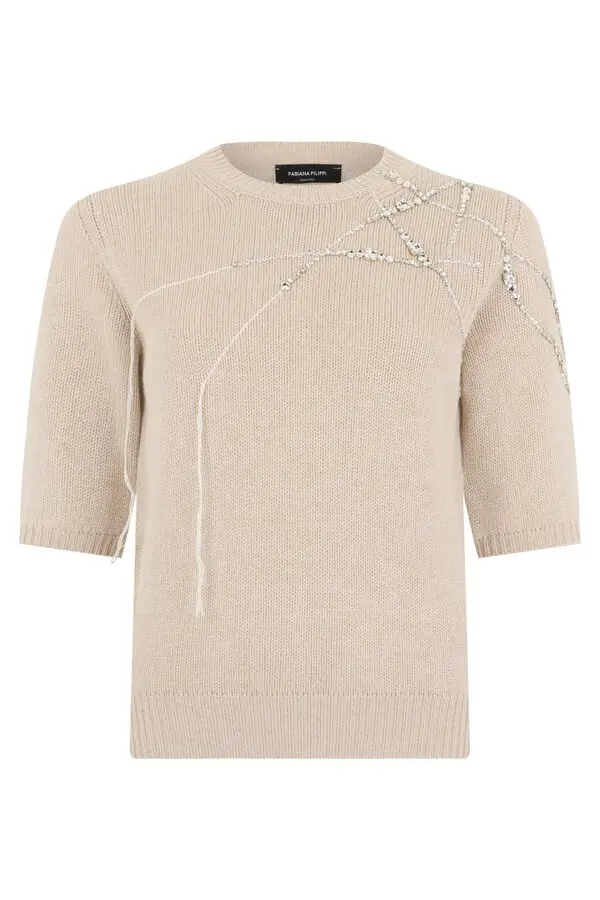 Fabiana Filippi Short Sleeve Virgin Wool & Silk Blend Embellished Shirt