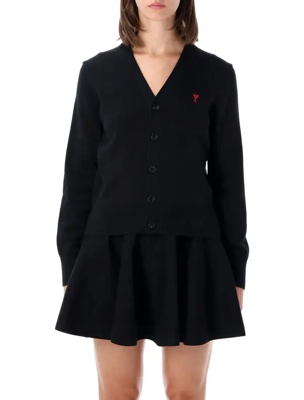 AMI Paris Wool V-neck Cardigan With De Coeur Logo - Nero