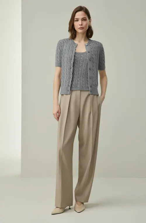Lilysilk Short-sleeve Cable-knit Silk-cotton Cardigan