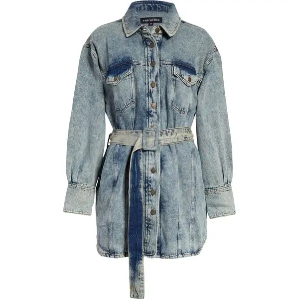 Retrofete Belted Long Sleeve Denim Shirtdress