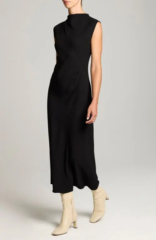 Vince Sleeveless Funnel Neck Midi Dress With Draped Detailing
