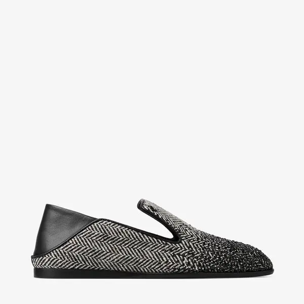 JIMMY CHOO Crystal-embellished Herringbone Slippers - Grey/black Mix