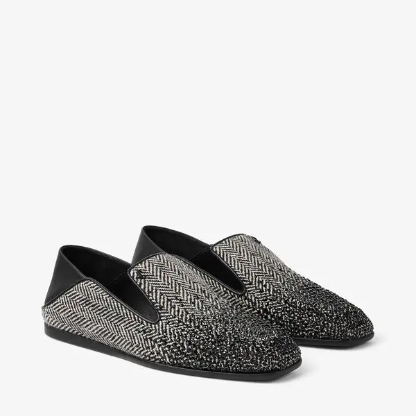 JIMMY CHOO Crystal-embellished Herringbone Slippers - Grey/black Mix