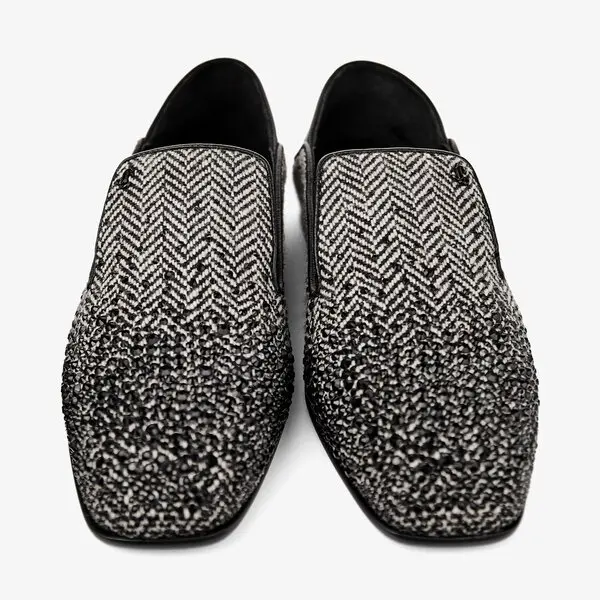 JIMMY CHOO Crystal-embellished Herringbone Slippers - Grey/black Mix
