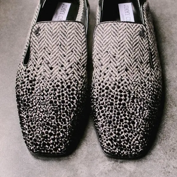 JIMMY CHOO Crystal-embellished Herringbone Slippers - Grey/black Mix