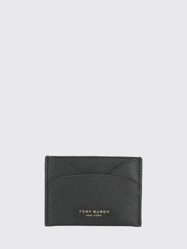 Tory Burch Mini Flat Card Holder In Pebbled Leather With Logo - Black