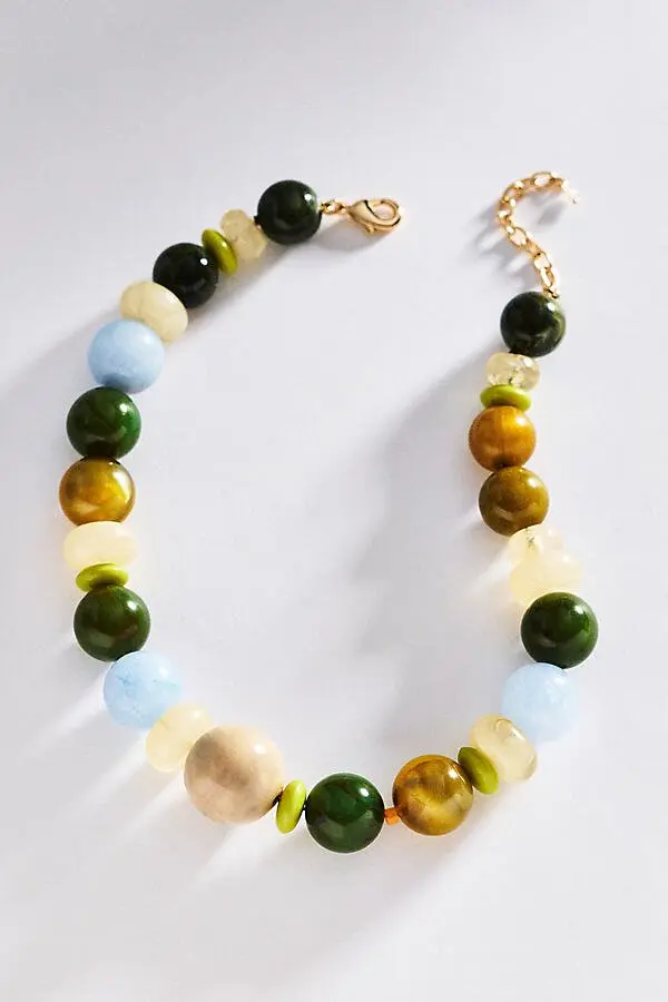 Anthropologie Chunky Beaded Necklace - Green Pattern