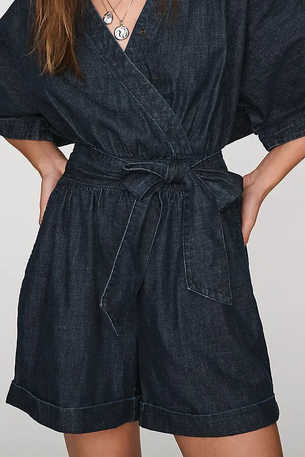 PILCRO 100% Cotton Wrap-tie Denim Romper