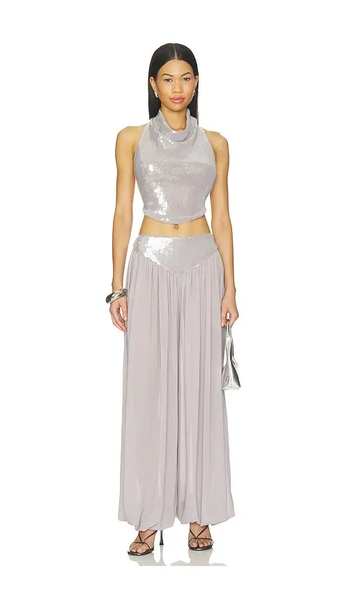 Retrofete Sequin Halter Top With Draped Neckline And Back Tie Closure