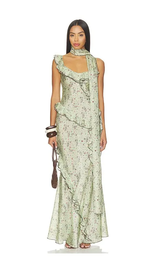 SIEDRES Monica Printed Chiffon Gown With Metallic Threading And Ruffles - Light Green Multi
