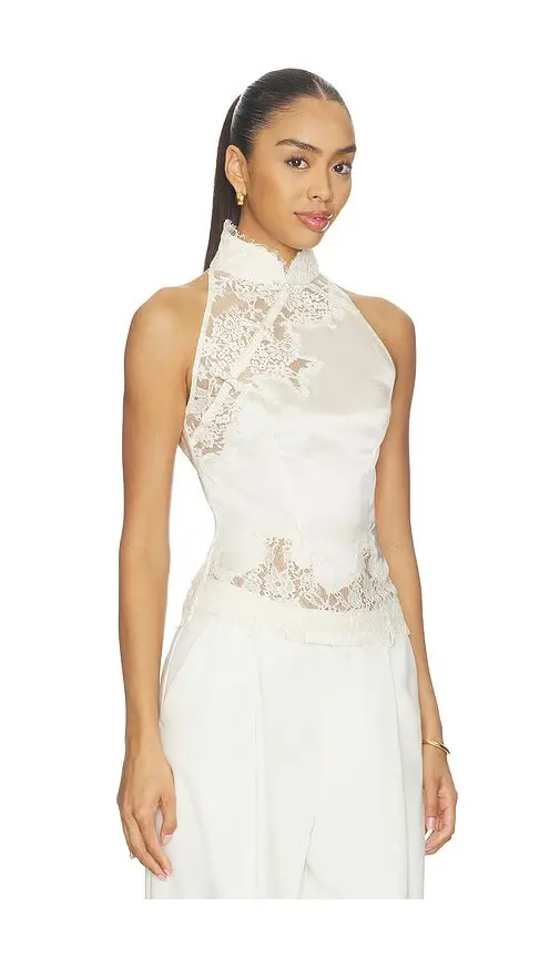 SAU LEE Elva Satin Top With Lace Trim