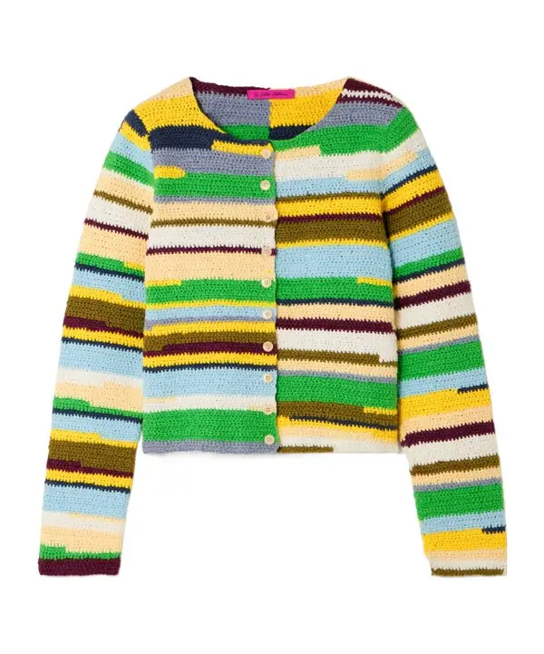 THE ELDER STATESMAN Striped Crocheted Organic Cotton Cardigan - Green