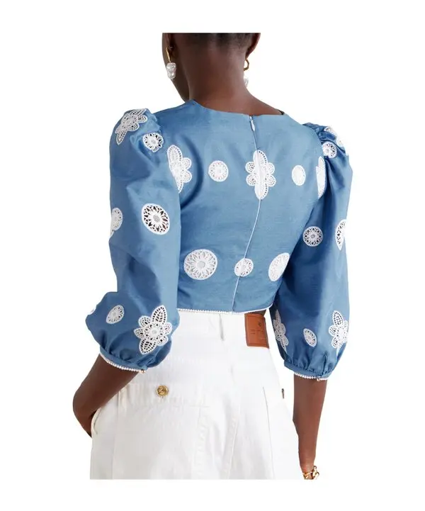 Borgo De Nor Crochet Lace-trimmed Denim Top