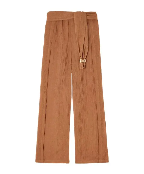 Lisa Marie Fernandez Embellished Belted Crinkled Gauze Wide-leg Pants - No