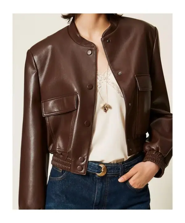 TWINSET Faux Leather Bomber Jacket With Pockets