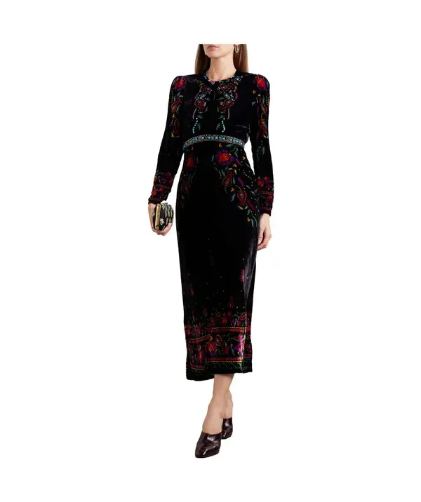 Saloni Printed Velvet Midi Dress