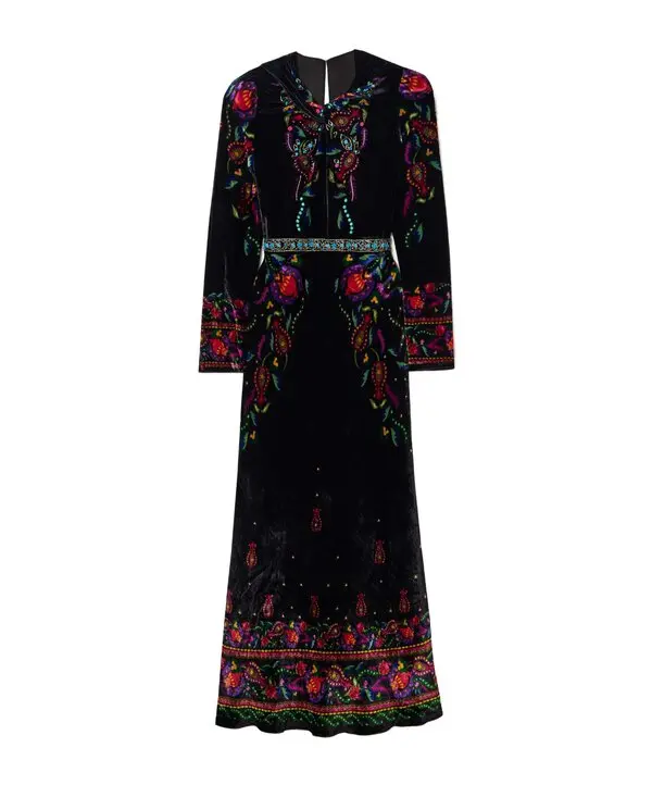 Saloni Embellished Printed Velvet Midi Dress - No