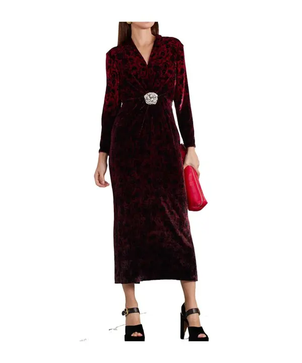 Saloni Gathered Printed Velvet Midi Dress