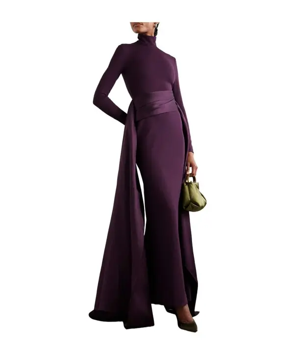 Solace High Neck Long Sleeve Gown With Draped Skirt