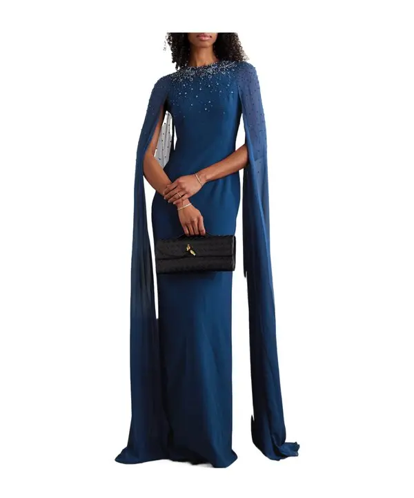 Jenny Packham Embellished Cape Effect Silk Chiffon Gown