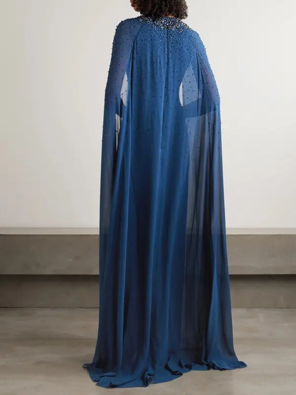 Jenny Packham Embellished Cape Effect Silk Chiffon Gown