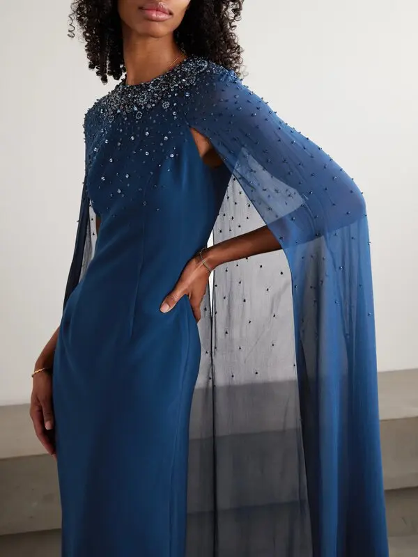 Jenny Packham Embellished Cape Effect Silk Chiffon Gown