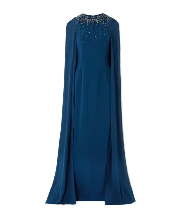 Jenny Packham Embellished Cape Effect Silk Chiffon Gown - No