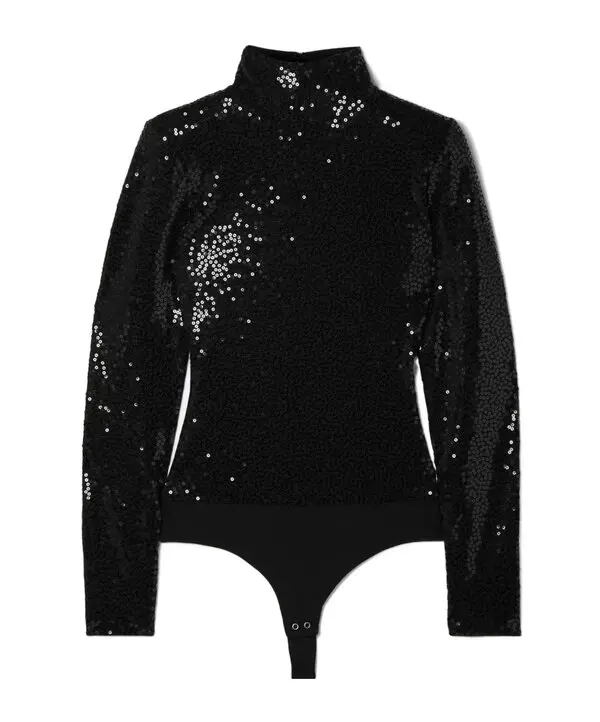 Michael Kors Sequined Crepe Turtleneck Thong Bodysuit