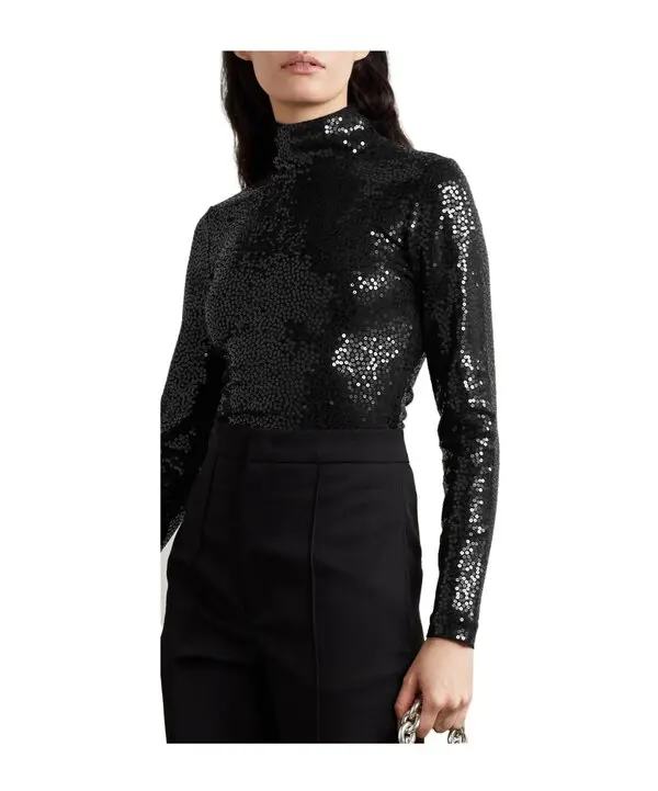 Michael Kors Sequined Crepe Turtleneck Thong Bodysuit