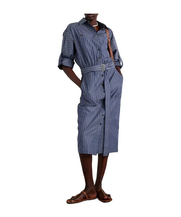 Lafayette 148 New York Striped Cotton-poplin Belted Midi Shirt Dress