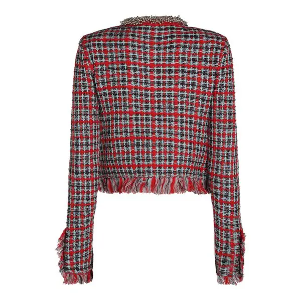 SELF-PORTRAIT Checked Knitted Jacket With Fringe