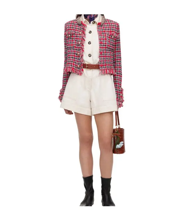 SELF-PORTRAIT Checked Knitted Jacket With Fringe
