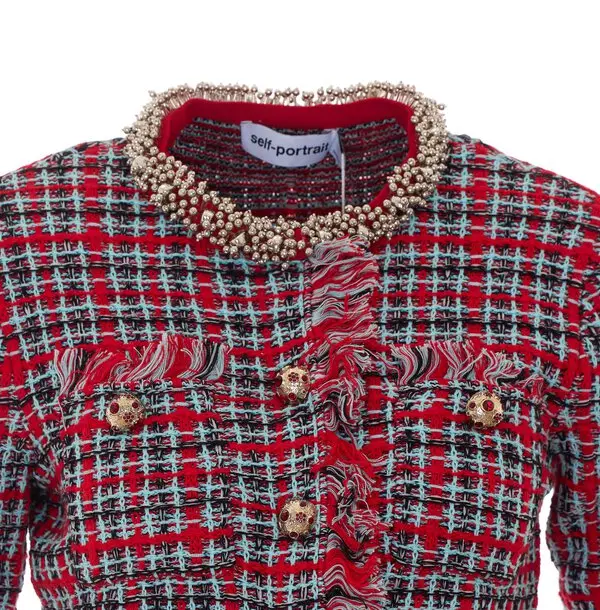 SELF-PORTRAIT Checked Knitted Jacket With Fringe
