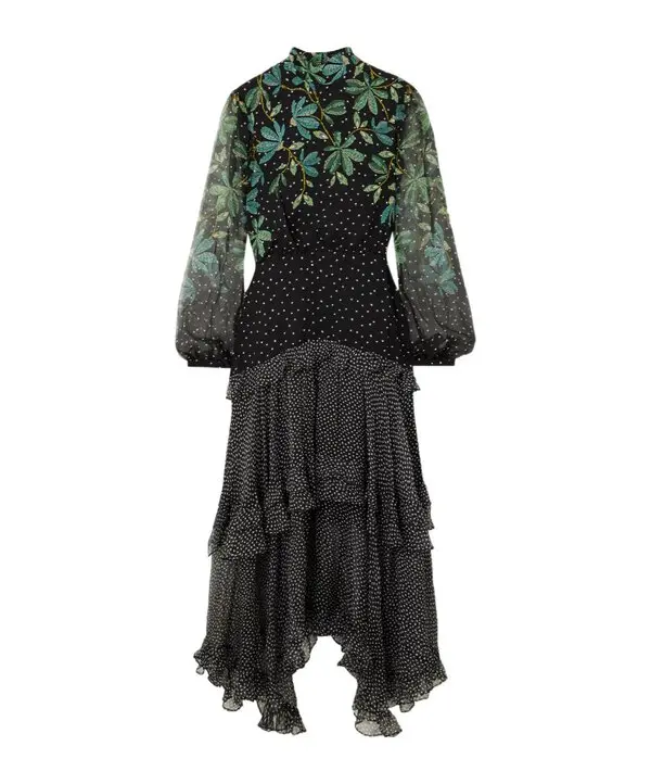 Saloni Floral Polka Dot Spliced Dress - Black