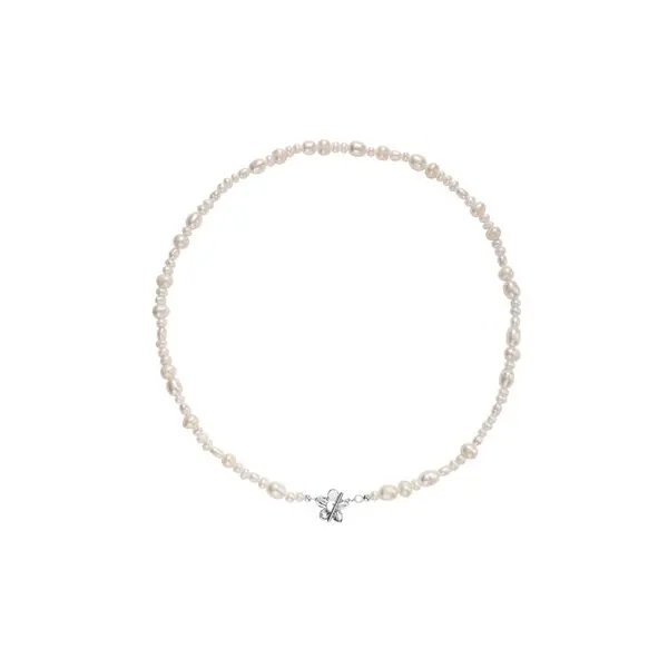 VANCHI Flora Multi Pearl Toggle Choker With Sculpted Floral Clasp - Silver