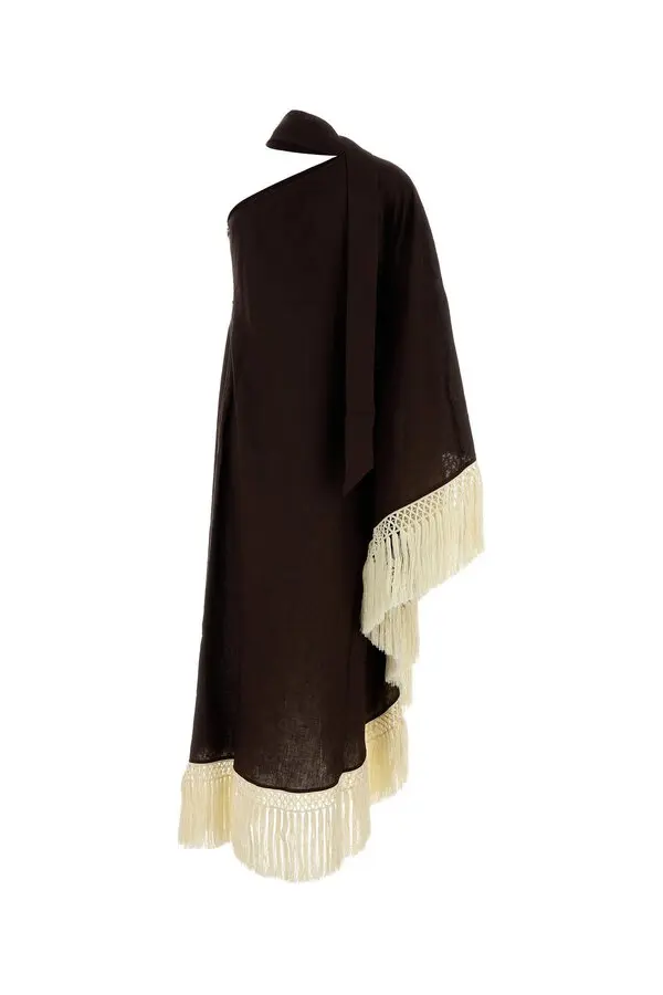 TALLER MARMO One-shoulder Linen Dress With Contrasting Fringes