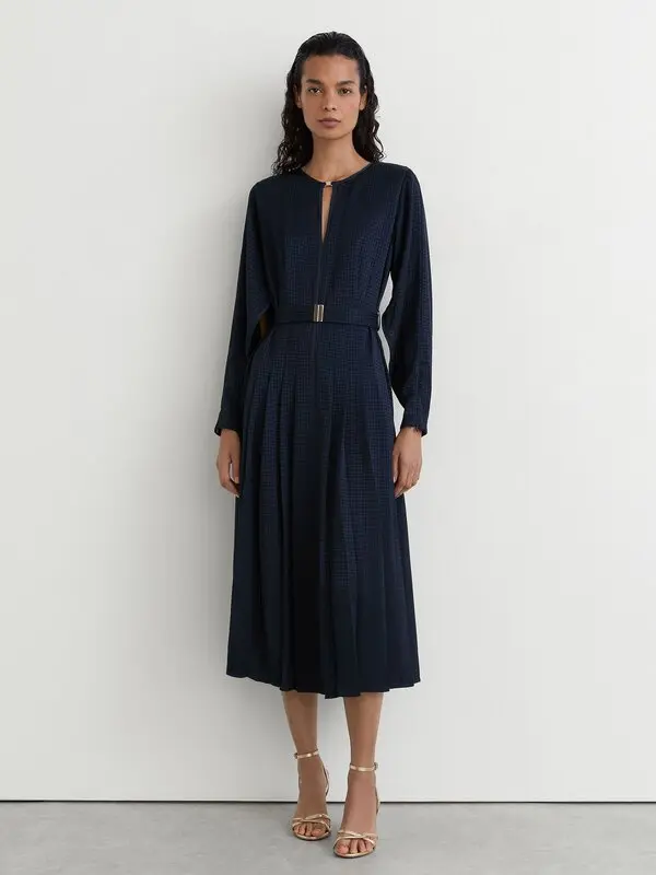 REISS Kea Houndstooth-check Belted Midi Dress