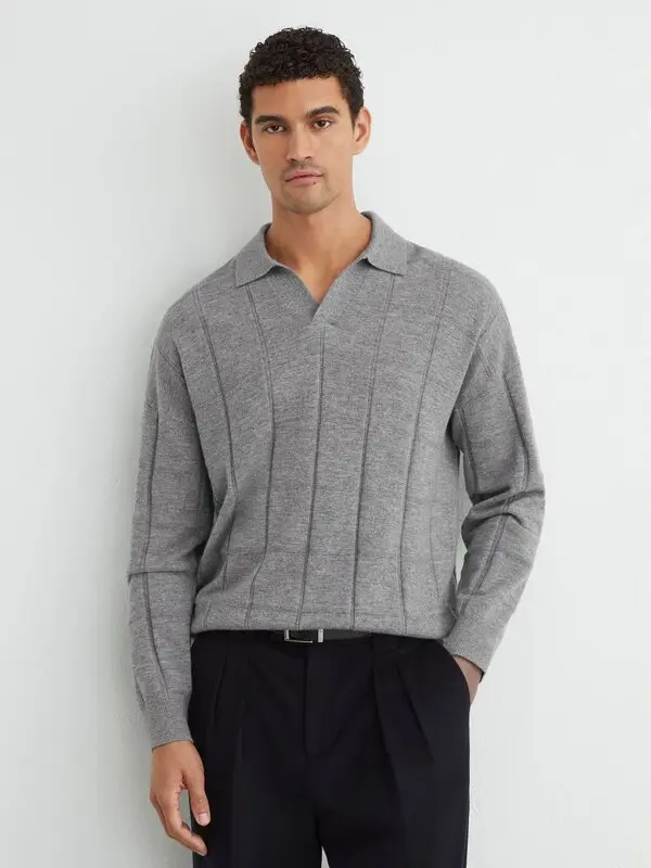 REISS Compton Wool Square-textured Polo Jumper - Grey