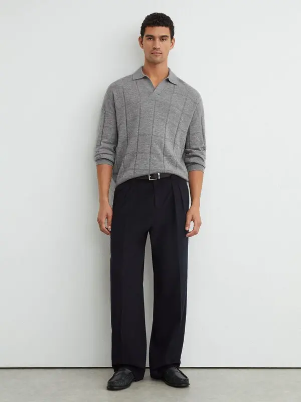 REISS Compton Wool Square-textured Polo Jumper - Grey