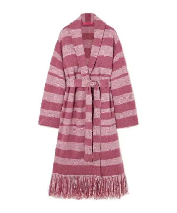 THE ELDER STATESMAN Belted Fringed Striped Cashmere Cardigan - Pink