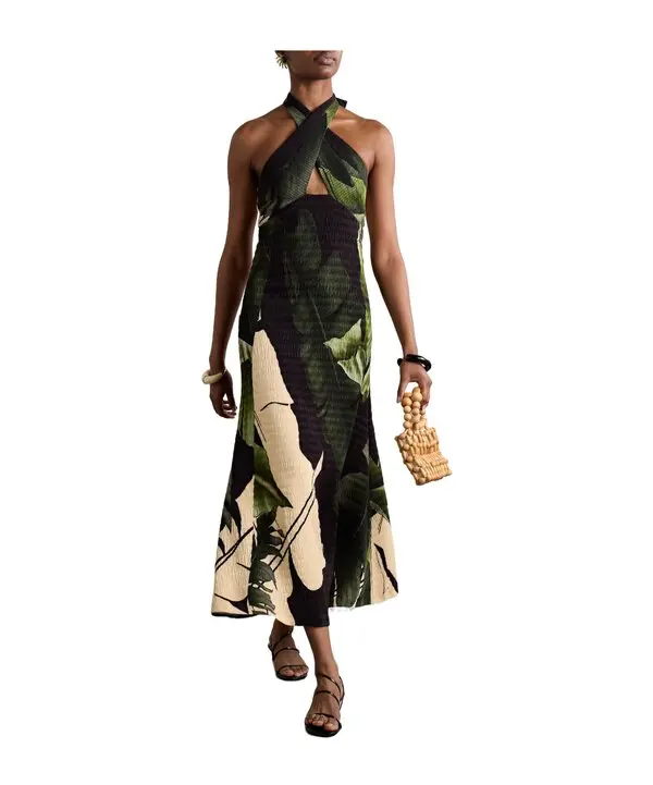Johanna Ortiz Halterneck Midi Dress With Tropical Print And Cut-out Detail