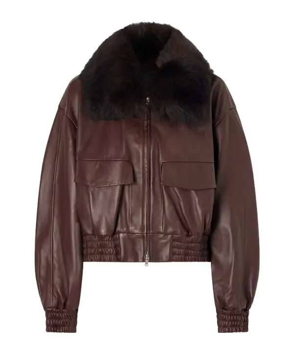 Nour Hammour Long Sleeve Leather Bomber Jacket