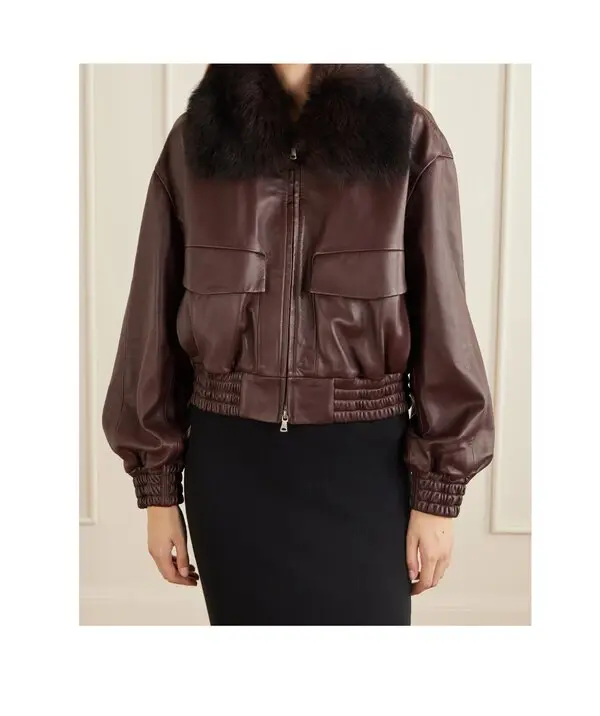 Nour Hammour Long Sleeve Leather Bomber Jacket